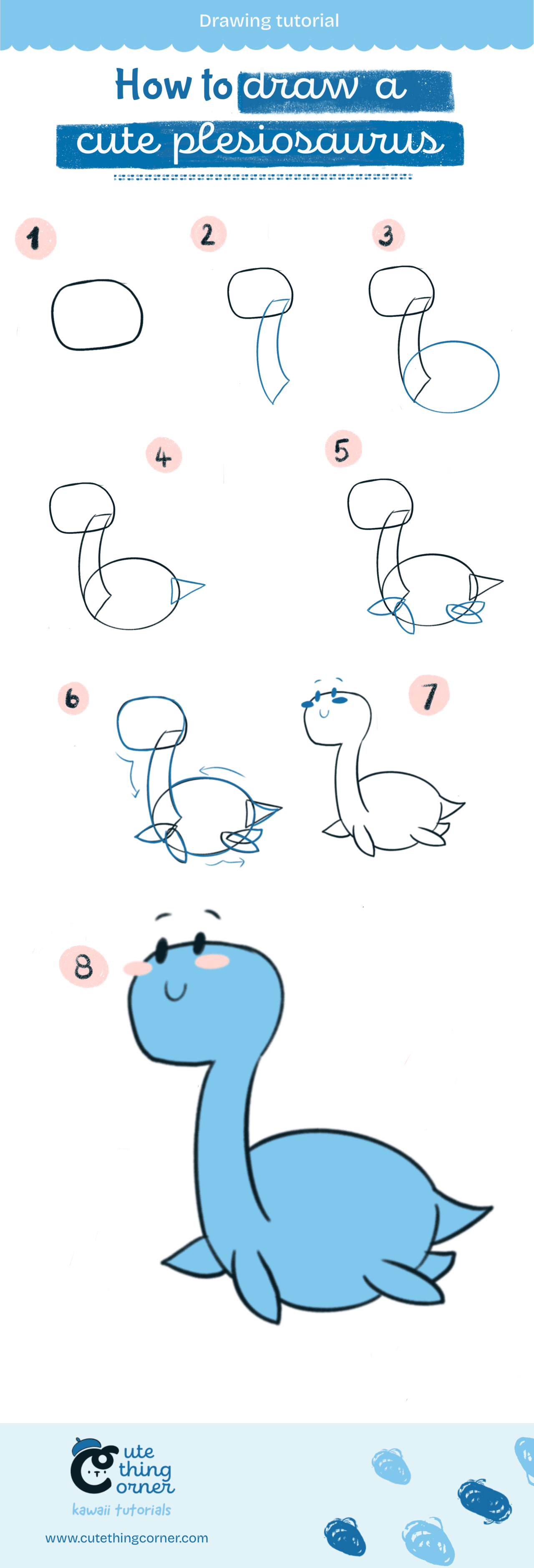 How to draw a cute Plesiosaurus (Step-by-step)