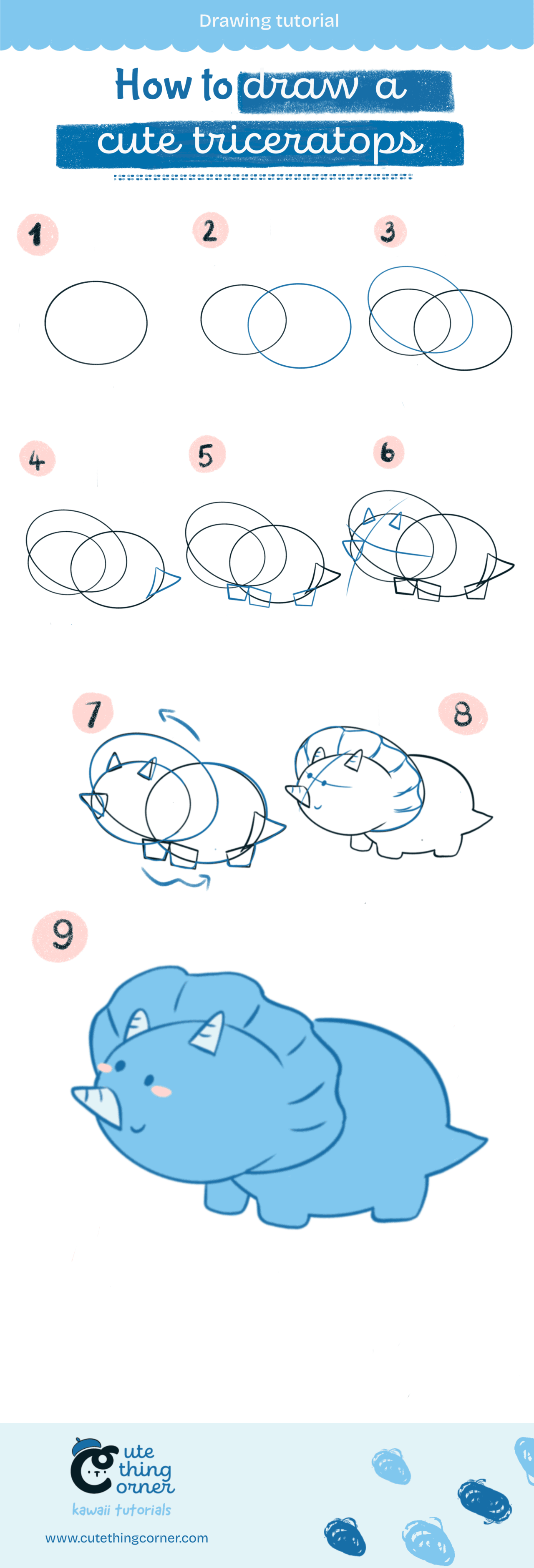 How to draw a cute Triceratops (Step-by-step)