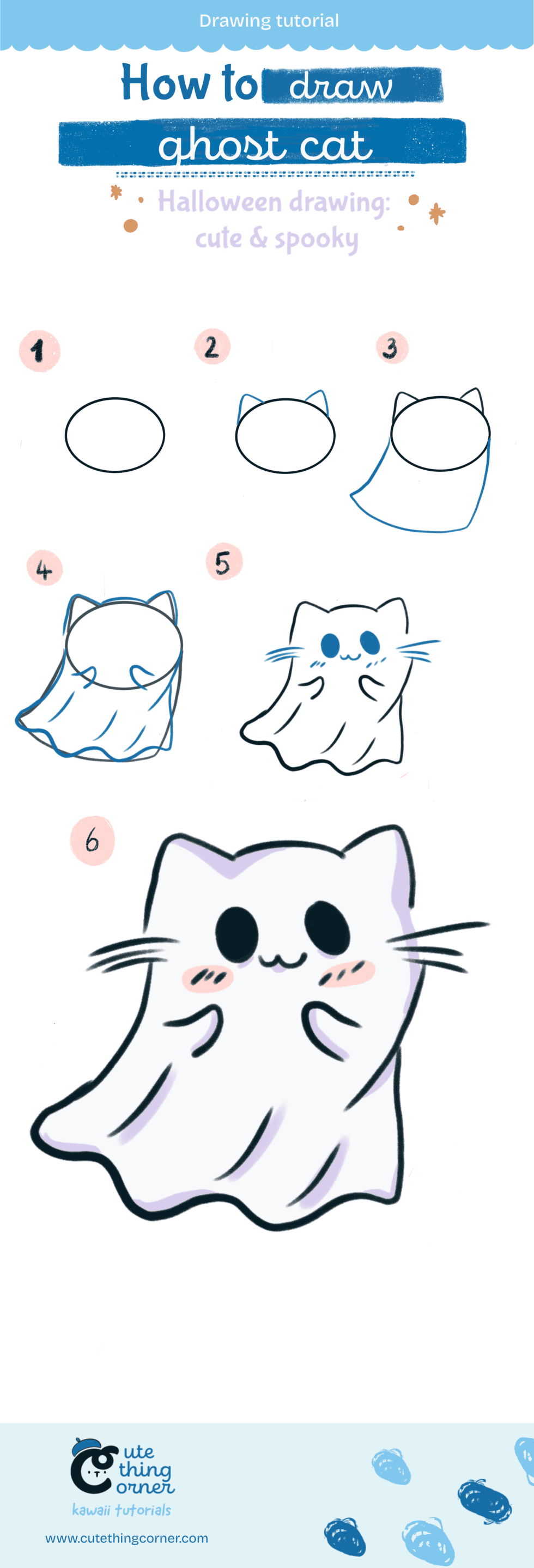 How to draw a cute ghost cat (Step-by-step)