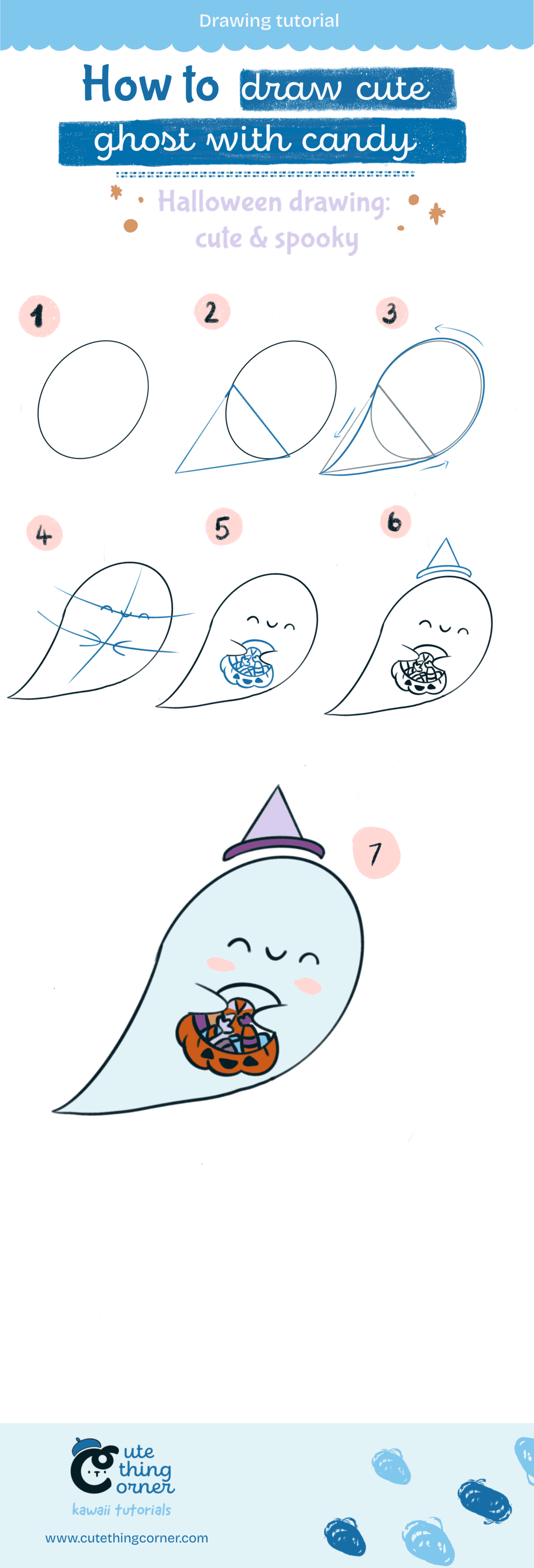 How to draw a cute ghost with candy (Step-by-step)