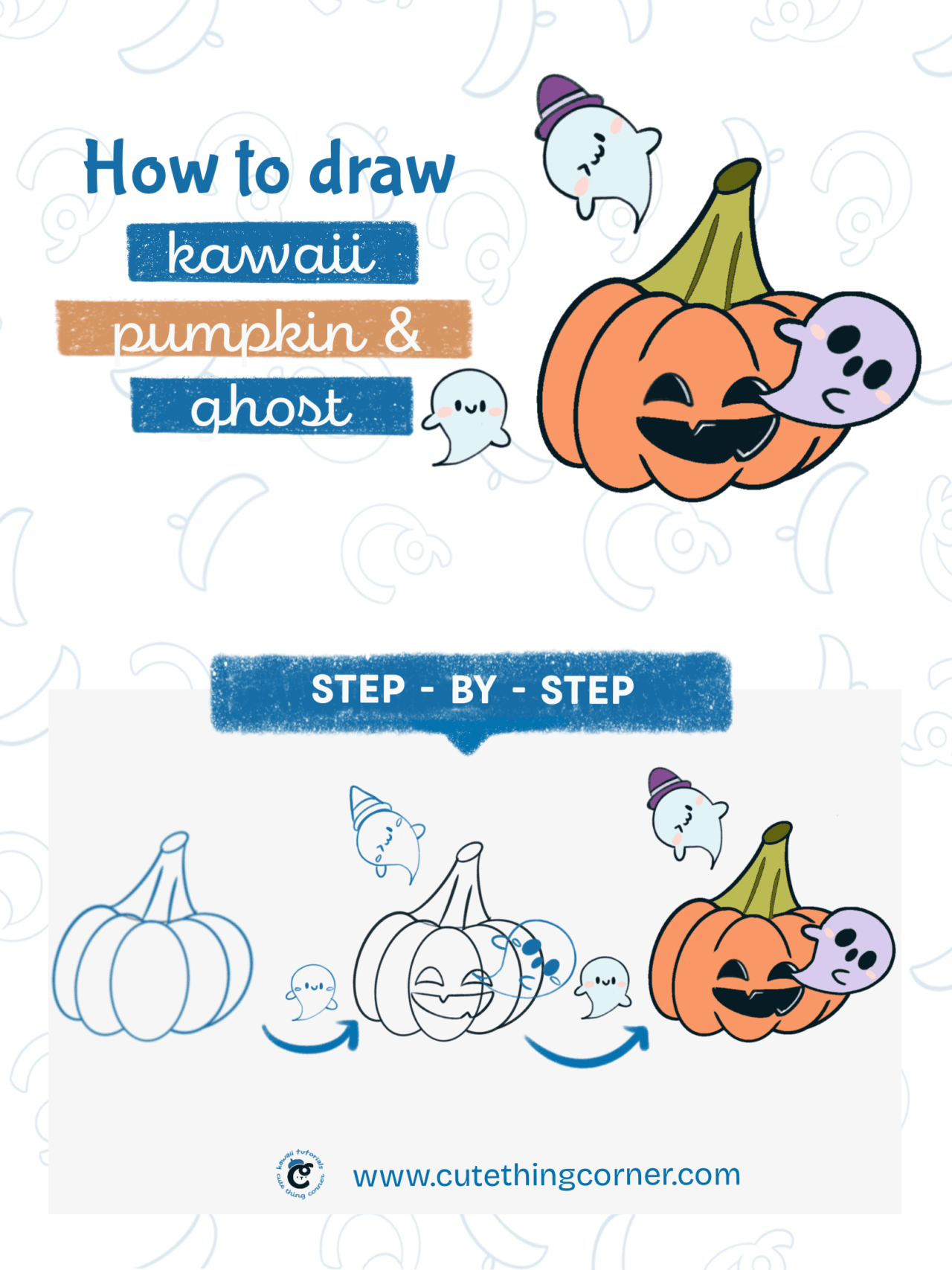 How to draw halloween pumpkin with ghost (Step-by-step)