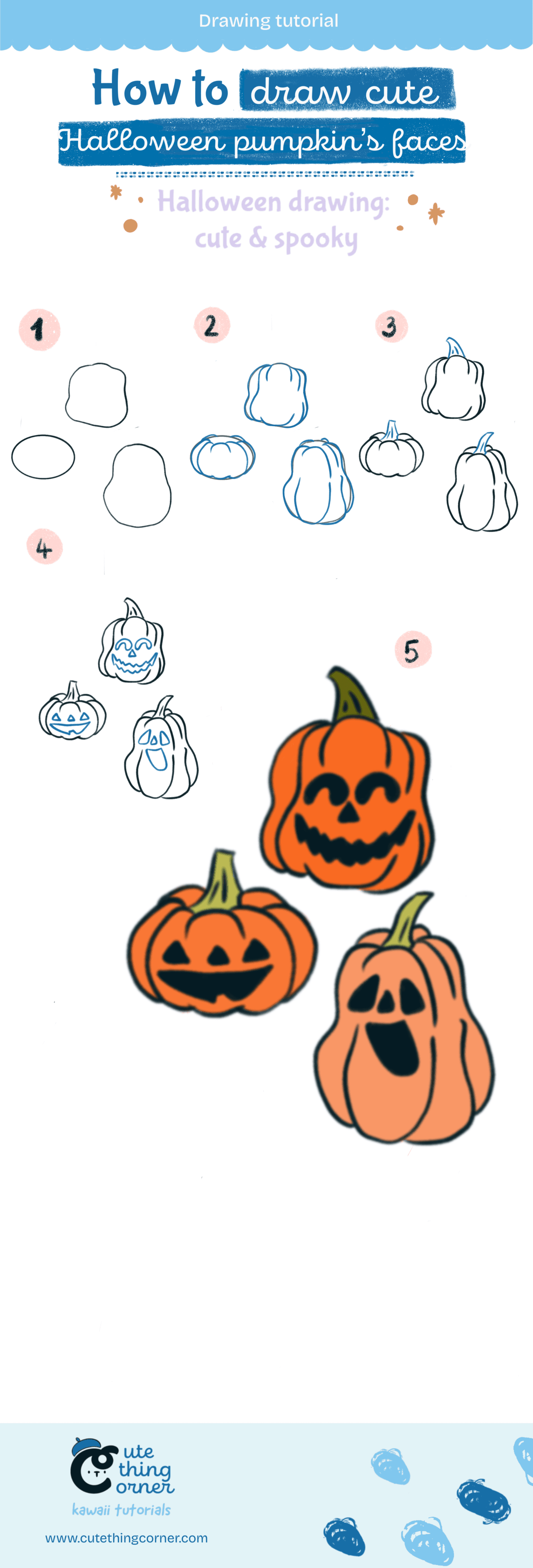 How to draw cute pumpkin's faces (Step-by-step)