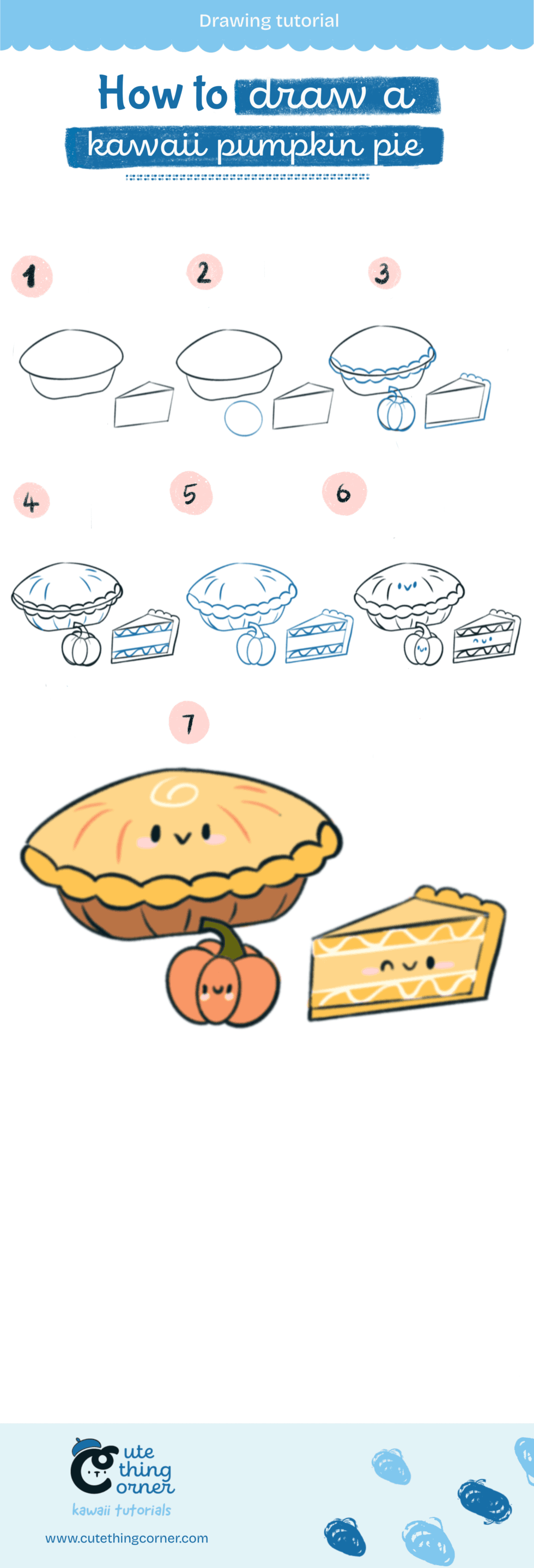 How to draw a kawaii pumpkin pie (Step-by-step)
