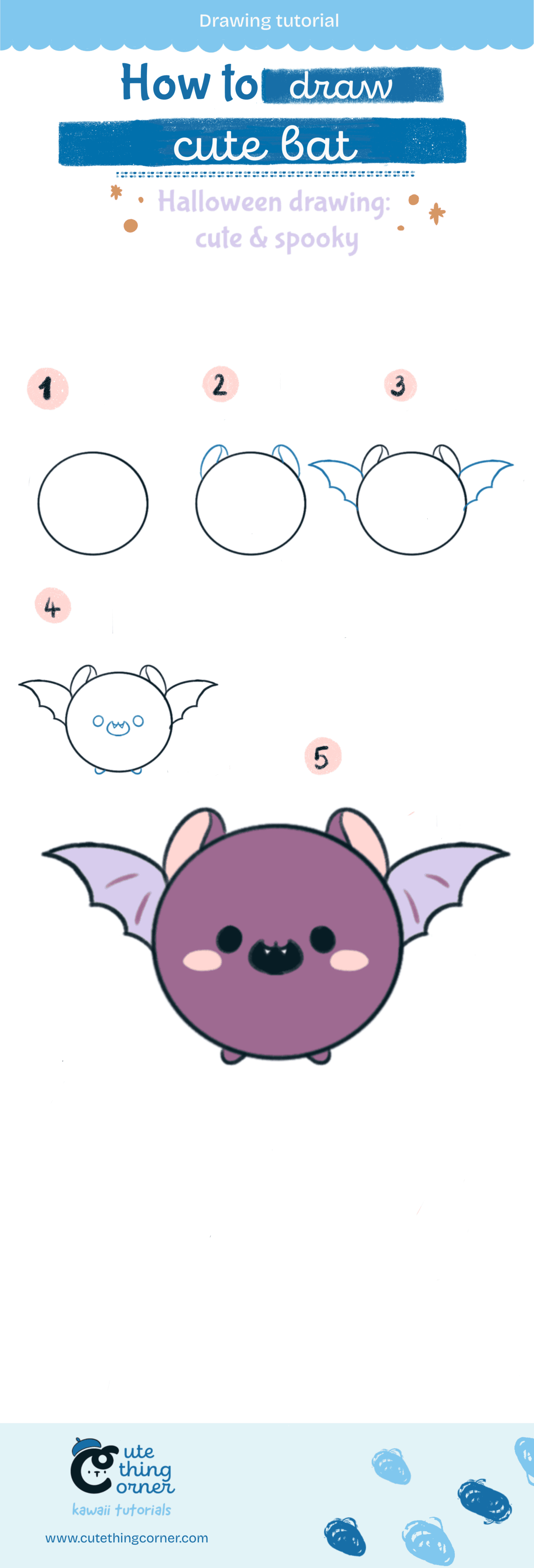 How to draw a cute bat (Step-by-step)