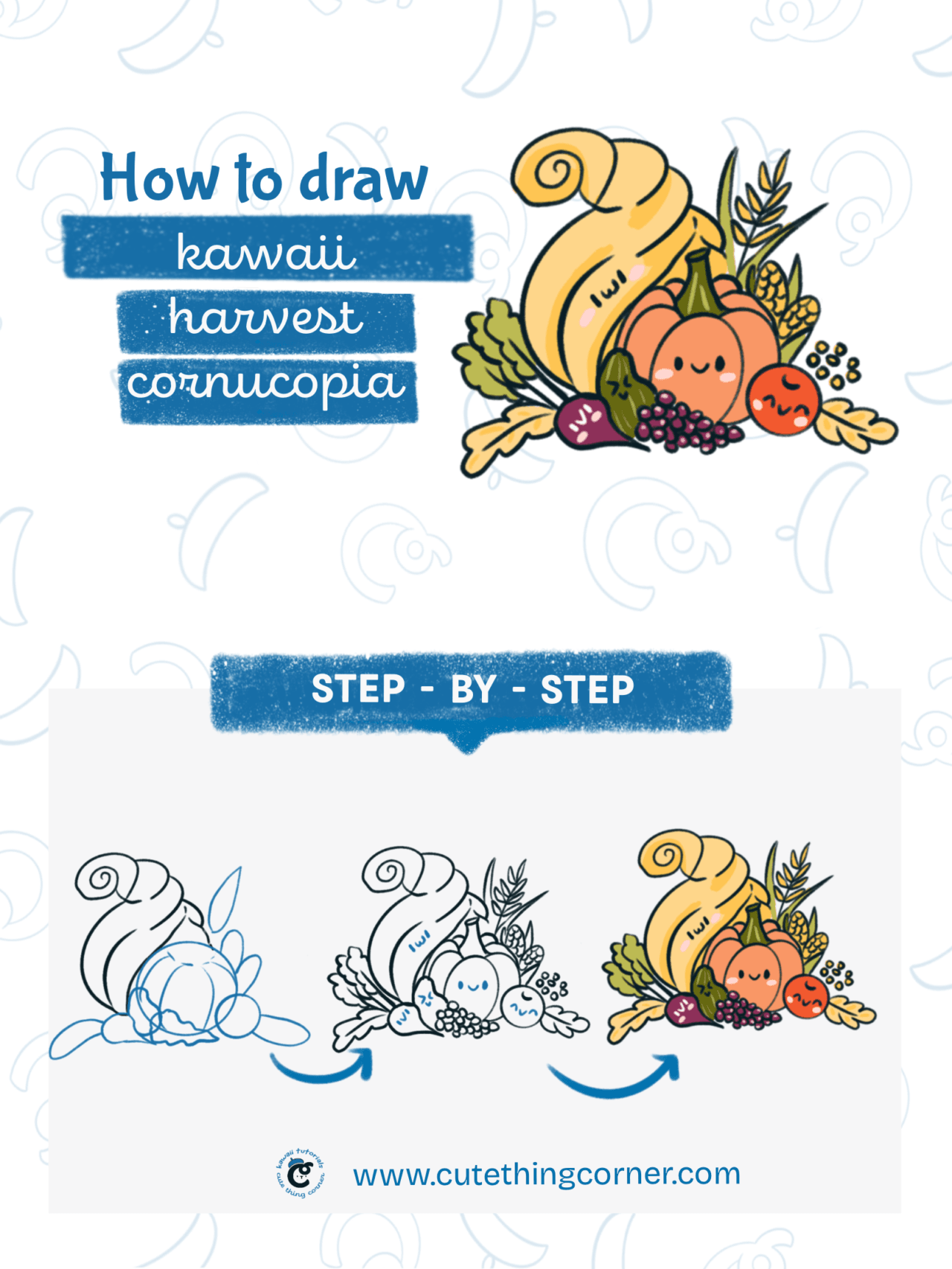 How to draw Cute Harvest Cornucopia (Step-by-step)