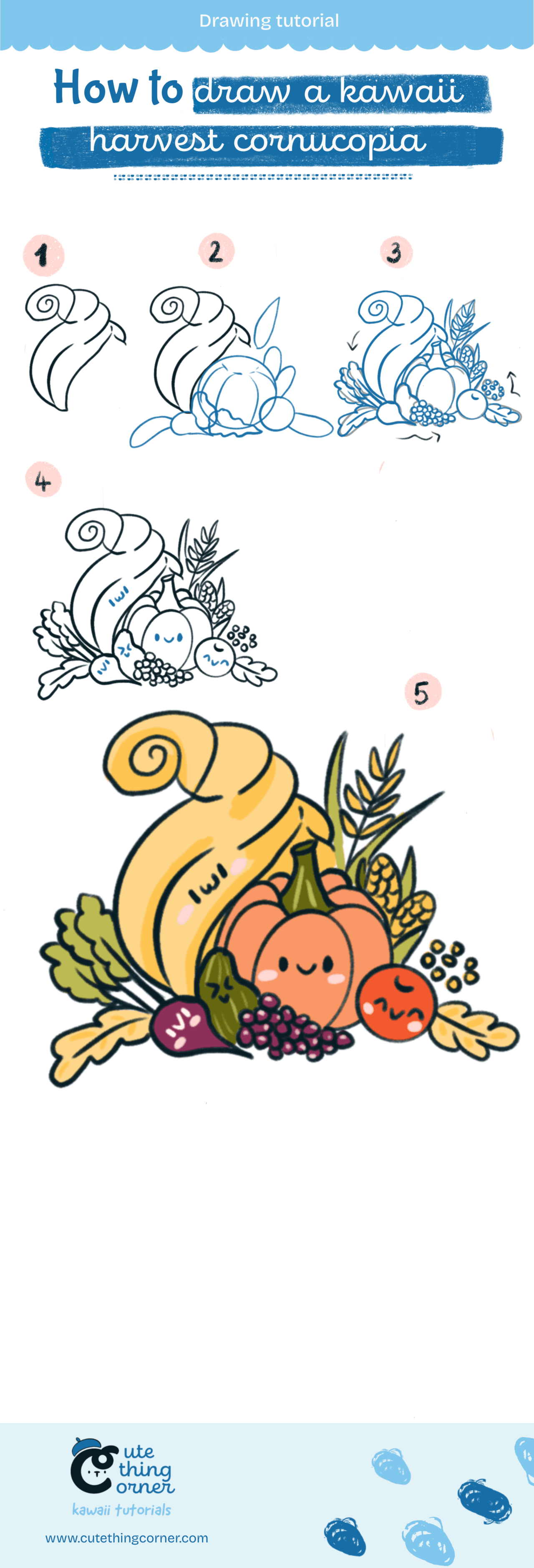 How to draw Cute Harvest Cornucopia (Step-by-step)