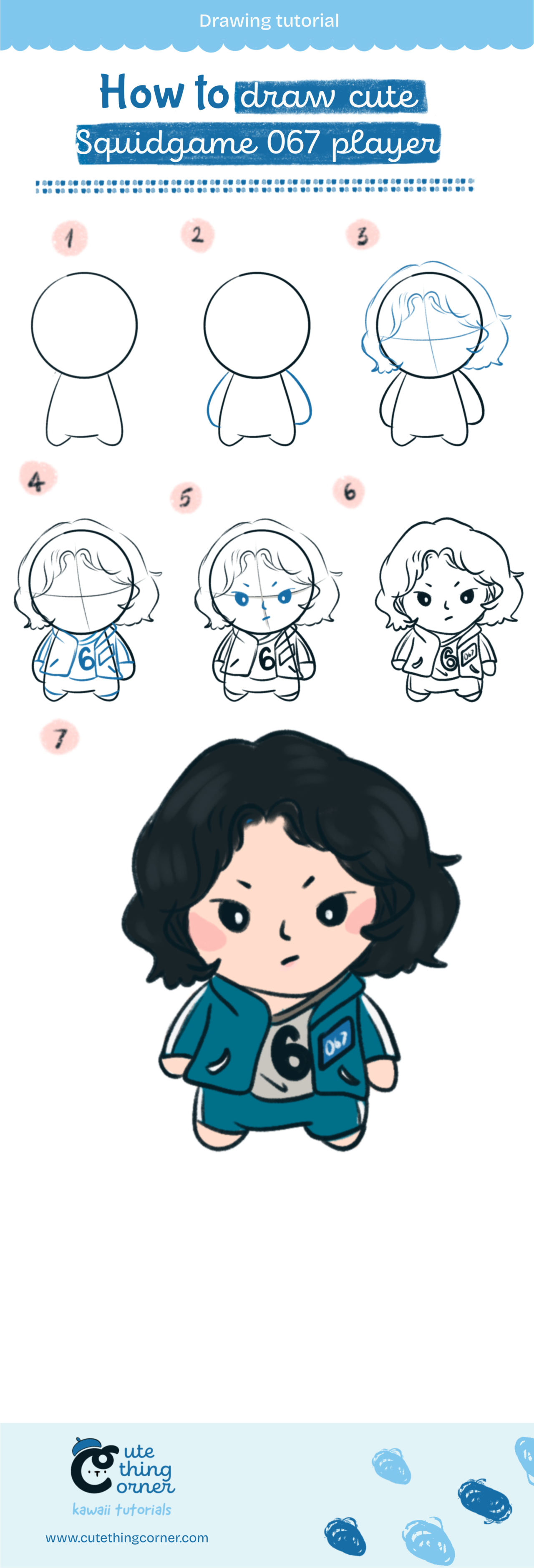 How to Draw Cute Player 067 from Squid Game (Step-by-step)