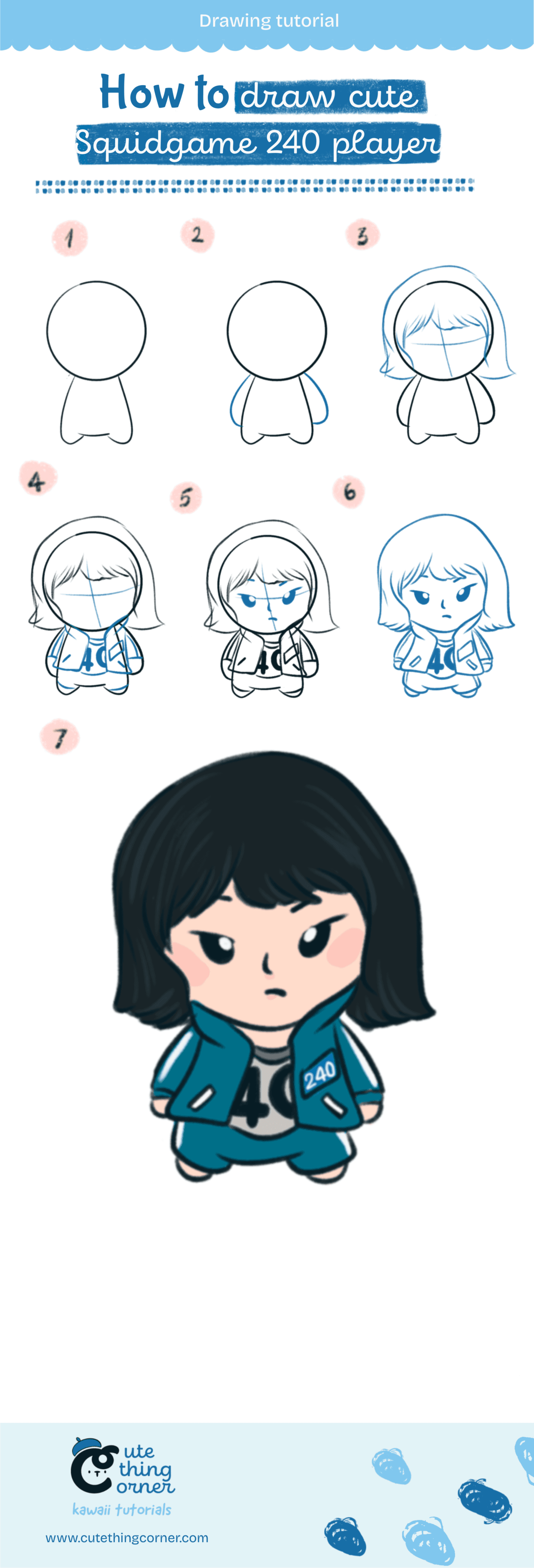 How to Draw Cute Player 240 from Squid Game (Step-by-Step)